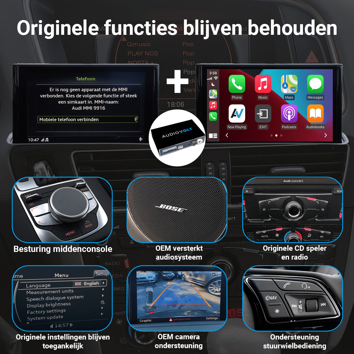 Audi A3 draadloos Carplay en Android auto interface